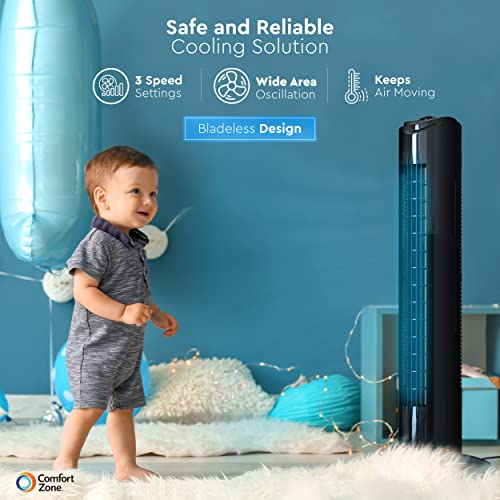 Comfort Zone 29" Powerful 3-Speed Oscillating Slim Tower Fan with Performance Blades and Sturdy Base, Ideal for Home, Bedroom, Dorm & Office, CZTF290BK