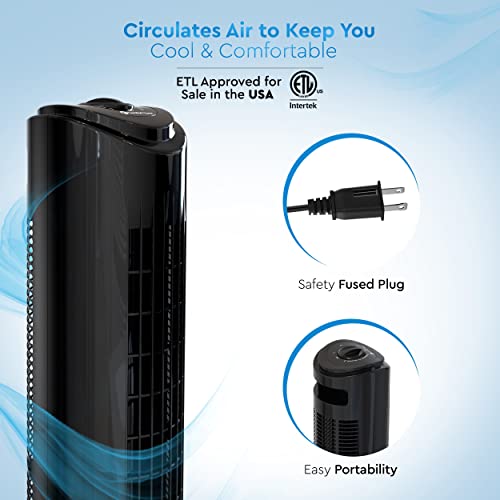 Comfort Zone 29" Powerful 3-Speed Oscillating Slim Tower Fan with Performance Blades and Sturdy Base, Ideal for Home, Bedroom, Dorm & Office, CZTF290BK