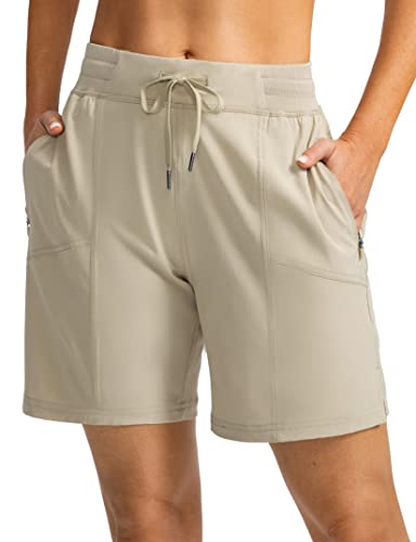 Soothfeel Women's Hiking Cargo Shorts with 4 Pockets 7 Inch Long Quick Dry Athletic Golf Shorts for Women Casual Summer (Khaki, Large)