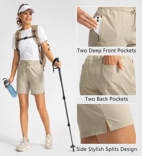 Soothfeel Women's Hiking Cargo Shorts with 4 Pockets 7 Inch Long Quick Dry Athletic Golf Shorts for Women Casual Summer (Khaki, Large)