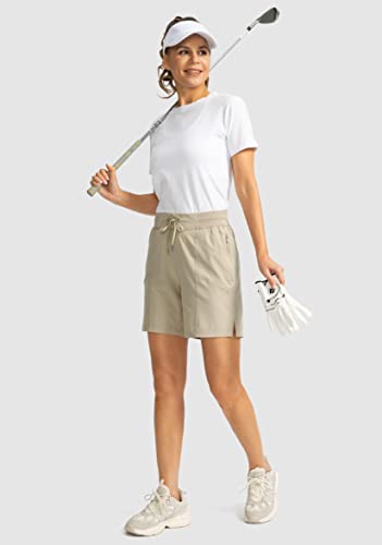 Soothfeel Women's Hiking Cargo Shorts with 4 Pockets 7 Inch Long Quick Dry Athletic Golf Shorts for Women Casual Summer (Khaki, Large)