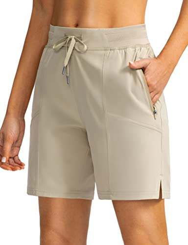 Soothfeel Women's Hiking Cargo Shorts with 4 Pockets 7 Inch Long Quick Dry Athletic Golf Shorts for Women Casual Summer (Khaki, Large)