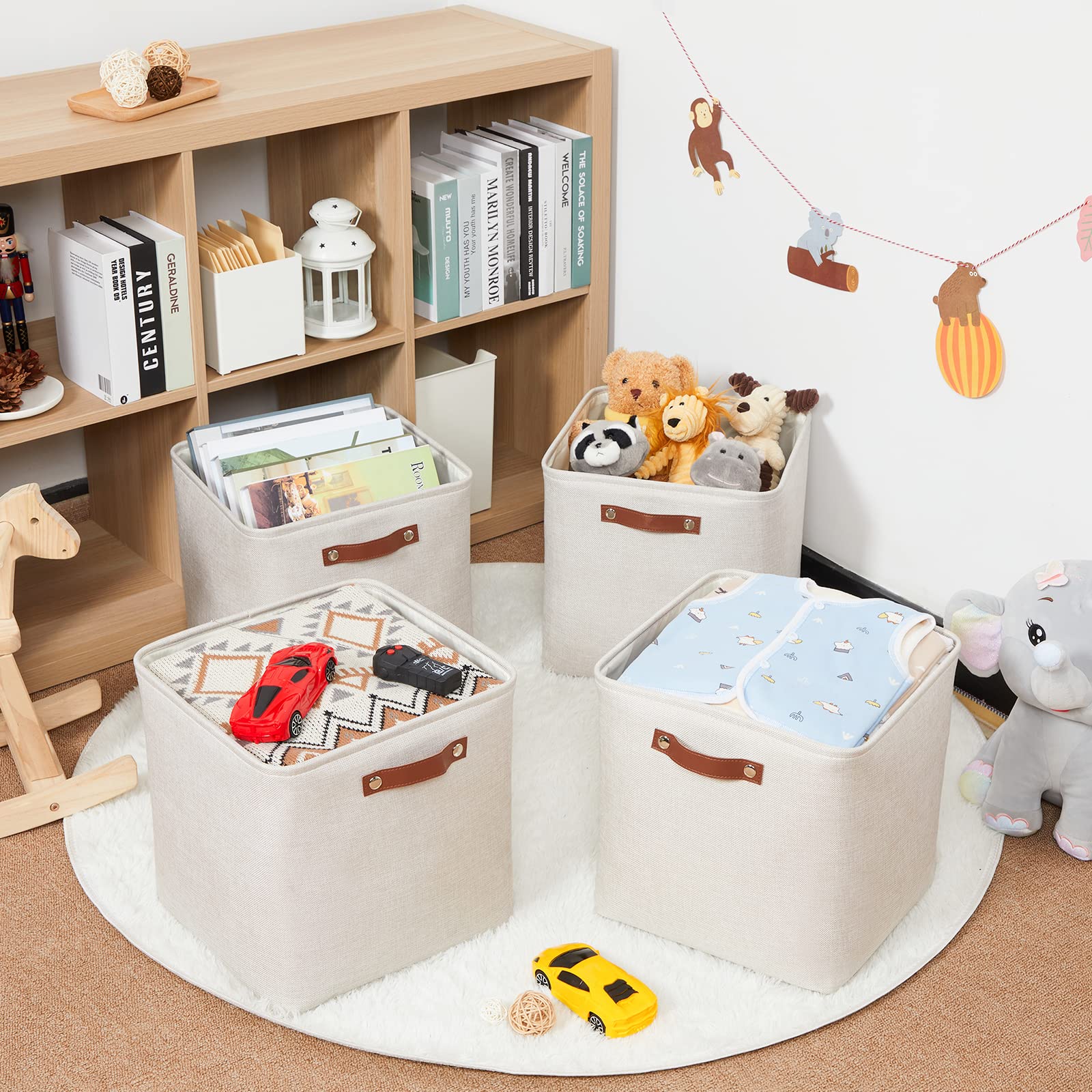 HNZIGE 13x13x13 Cube Storage Bins, Fabric Storage Cubes Baskets for Shelves, Set of 4, Cube Storage Baskets with Handles Foldable Storage Baskets for Organizing Clothes, Toys, Closet, Nursery(Cream)