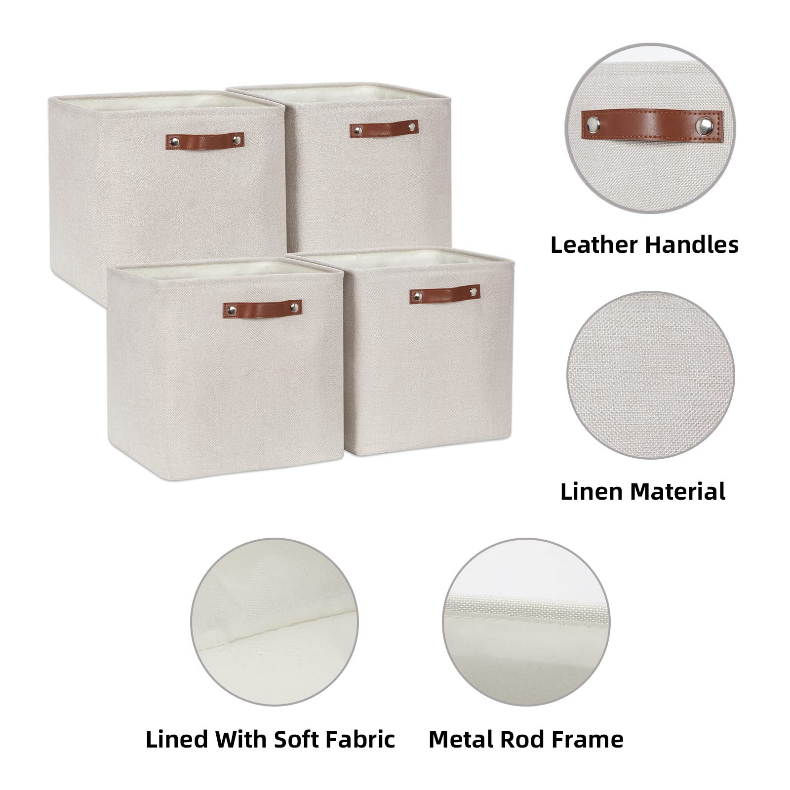 HNZIGE 13x13x13 Cube Storage Bins, Fabric Storage Cubes Baskets for Shelves, Set of 4, Cube Storage Baskets with Handles Foldable Storage Baskets for Organizing Clothes, Toys, Closet, Nursery(Cream)