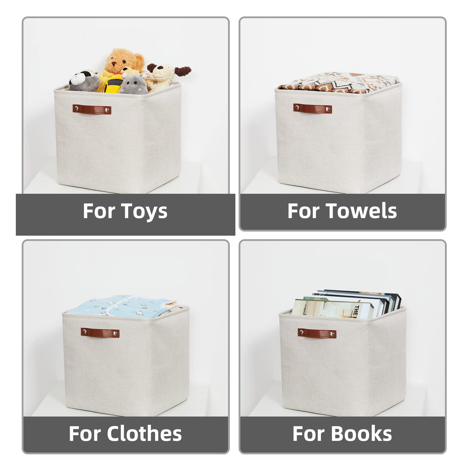 HNZIGE 13x13x13 Cube Storage Bins, Fabric Storage Cubes Baskets for Shelves, Set of 4, Cube Storage Baskets with Handles Foldable Storage Baskets for Organizing Clothes, Toys, Closet, Nursery(Cream)
