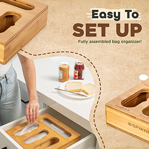 Spirack Ziplock bag organizer-Kitchen Drawer Organizer, Pantry Organization and Storage-Compatible with Gallon, Quart, Sandwich, and Snack Food Bags, Bamboo Baggie Organizer, with Hinged Lid (4 Slot)