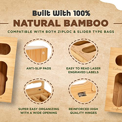 Spirack Ziplock bag organizer-Kitchen Drawer Organizer, Pantry Organization and Storage-Compatible with Gallon, Quart, Sandwich, and Snack Food Bags, Bamboo Baggie Organizer, with Hinged Lid (4 Slot)