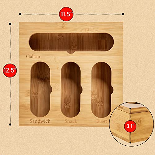Spirack Ziplock bag organizer-Kitchen Drawer Organizer, Pantry Organization and Storage-Compatible with Gallon, Quart, Sandwich, and Snack Food Bags, Bamboo Baggie Organizer, with Hinged Lid (4 Slot)