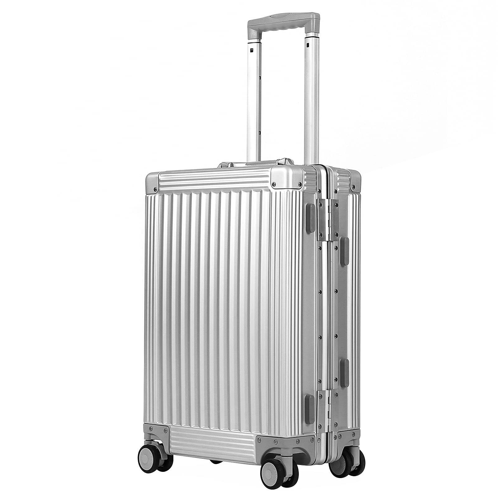 DOMINOX All Aluminum Carry On Luggage Hard Shell Luggage Aluminum Suitcase for Travel Zipperless Luggage Checked Luggage with Silent 360° Spinner Wheels 26 In. (Vertical Grain Style, Sliver)