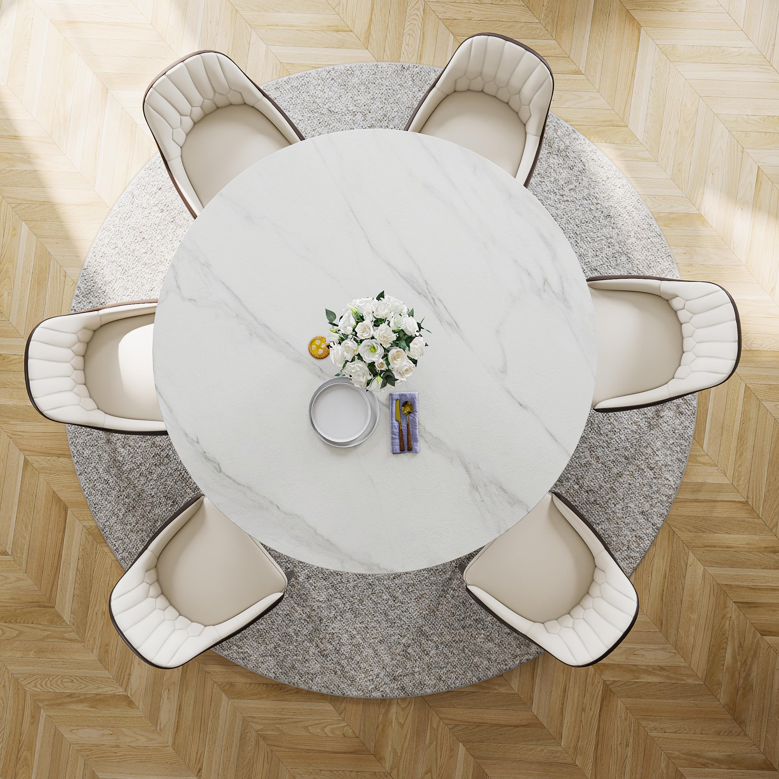 POVISON Round Dining Table for 4-6, Modern Dining Table Round 51" Matte Sintered Stone Tabletop with Solid Black Carbon Steel Pedestal, Circle Dining Table for Dining Room (Dining Table Only)
