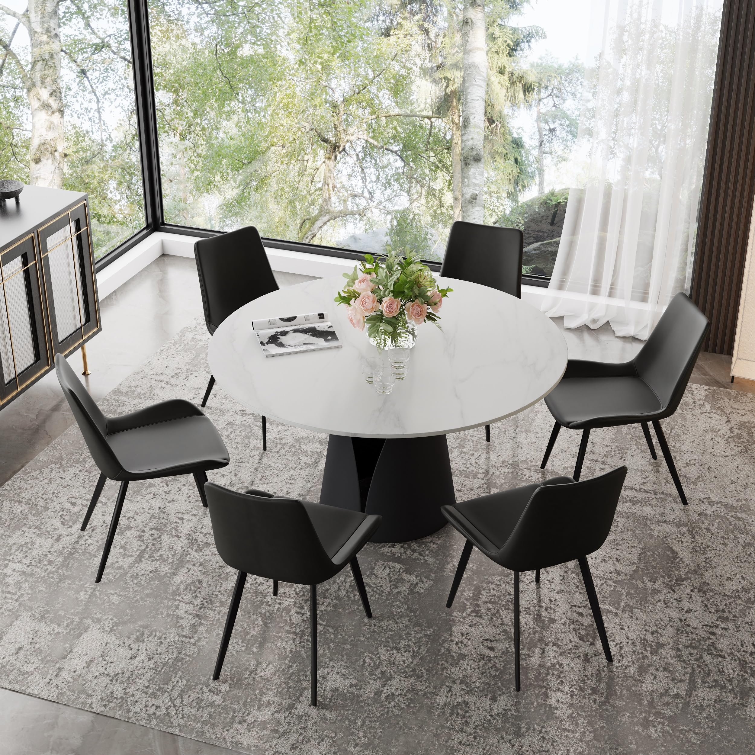 POVISON Round Dining Table for 4-6, Modern Dining Table Round 51" Matte Sintered Stone Tabletop with Solid Black Carbon Steel Pedestal, Circle Dining Table for Dining Room (Dining Table Only)