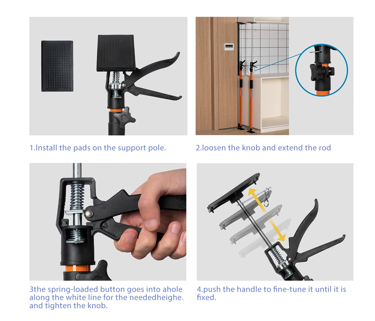 4PK Support Pole, Steel Telescopic Adjustable 3rd Hand Support System, Support Rod, Supports up to 154 lbs Construction Rods for Cabinet Jacks Cargo Bars Drywalls Extends from 49 Inch to 114 Inch