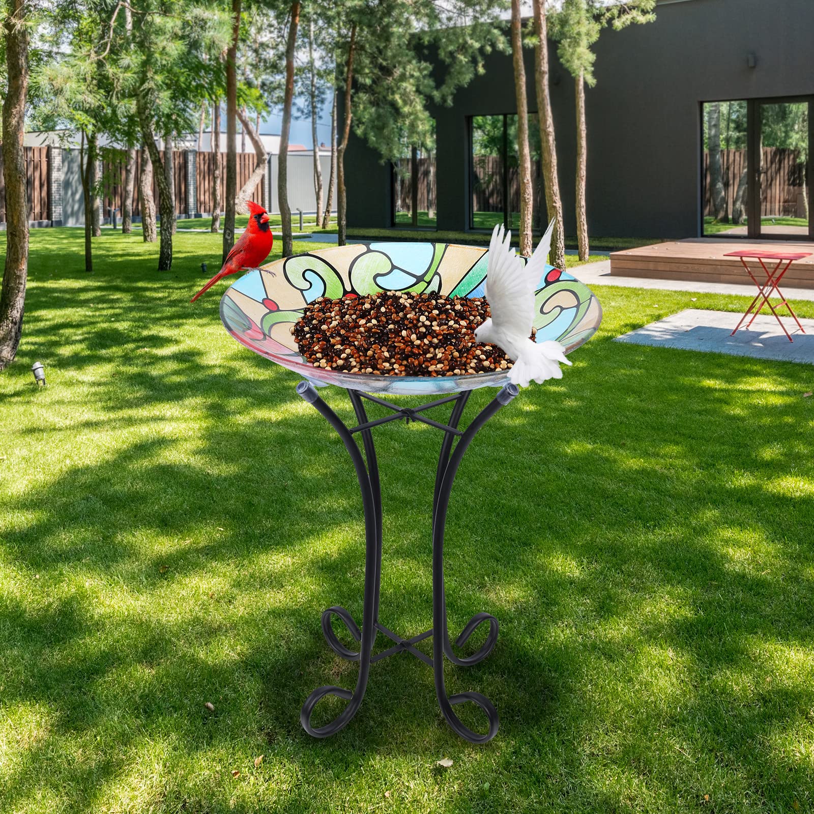 MUMTOP Bird Bath-Bird Baths for Outdoors - Hummingbird Large Bird Bath Bowl with Metal Stand, Glass BirdBaths for The Garden Lawn Yard Decor