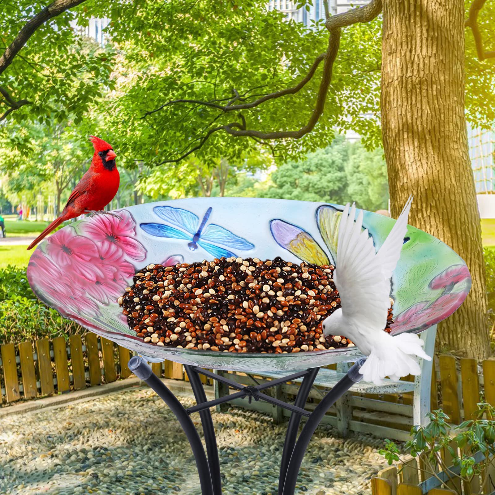 MUMTOP Bird Bath-Bird Baths for Outdoors - Dragonfly Large Bird Bath Bowl with Metal Stand, Glass BirdBaths for The Garden Lawn Yard Decor