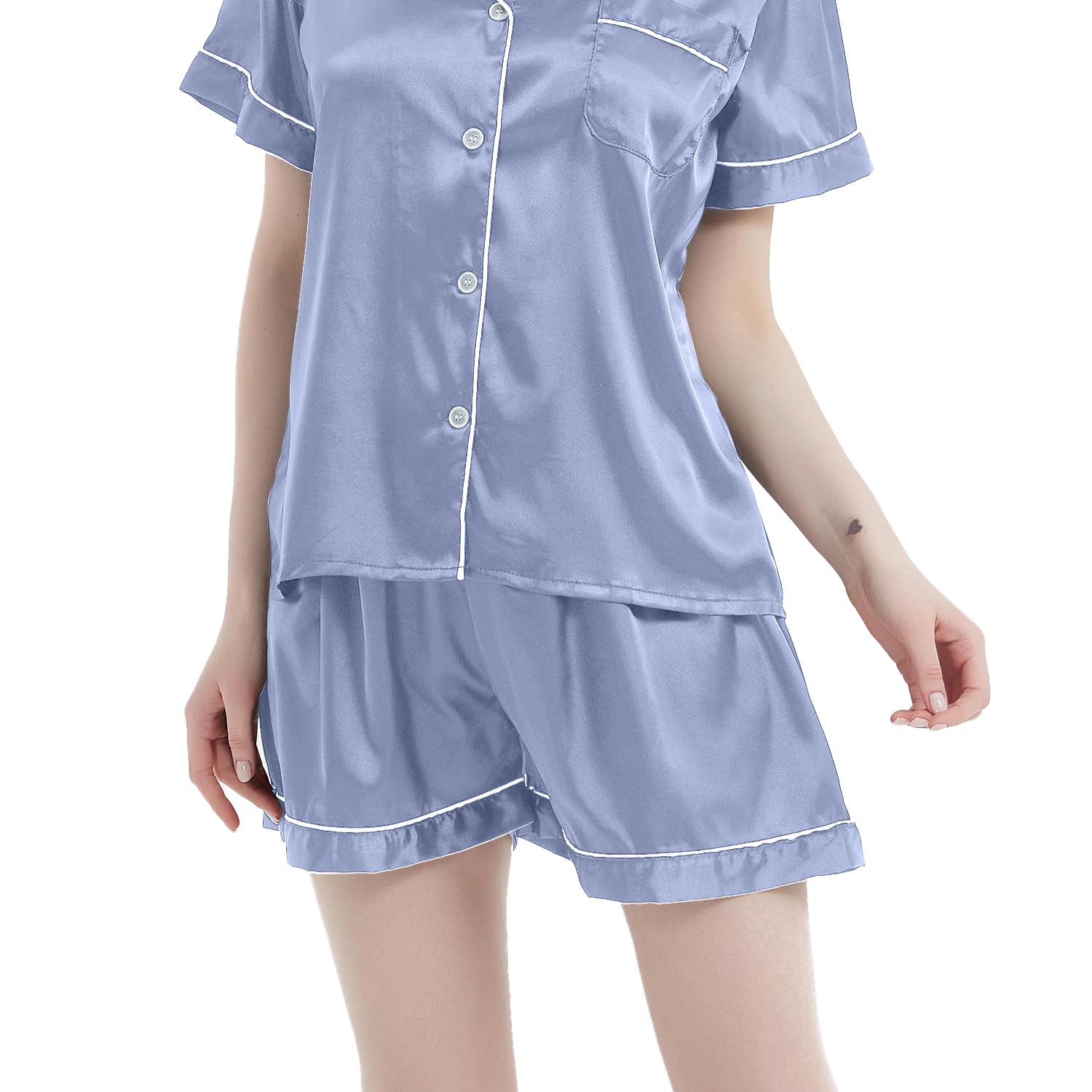 NANJUN Womens Silk Satin Pajamas Short Sleeve Sleepwear Bride Soft Button Down Loungewear 2 Piece Pjs Set XS-3XL(Y2K-Blue, M)