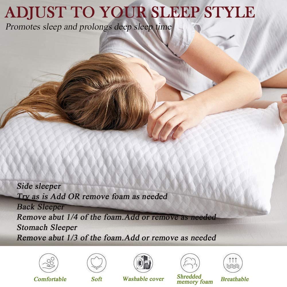 NTCOCO 2 Pillows, Shredded Memory Foam Bed Pillows for Sleeping, with Washable Removable Cooling Hypoallergenic Sleep Pillow for Back and Side Sleeper, Queen (2-Pack)