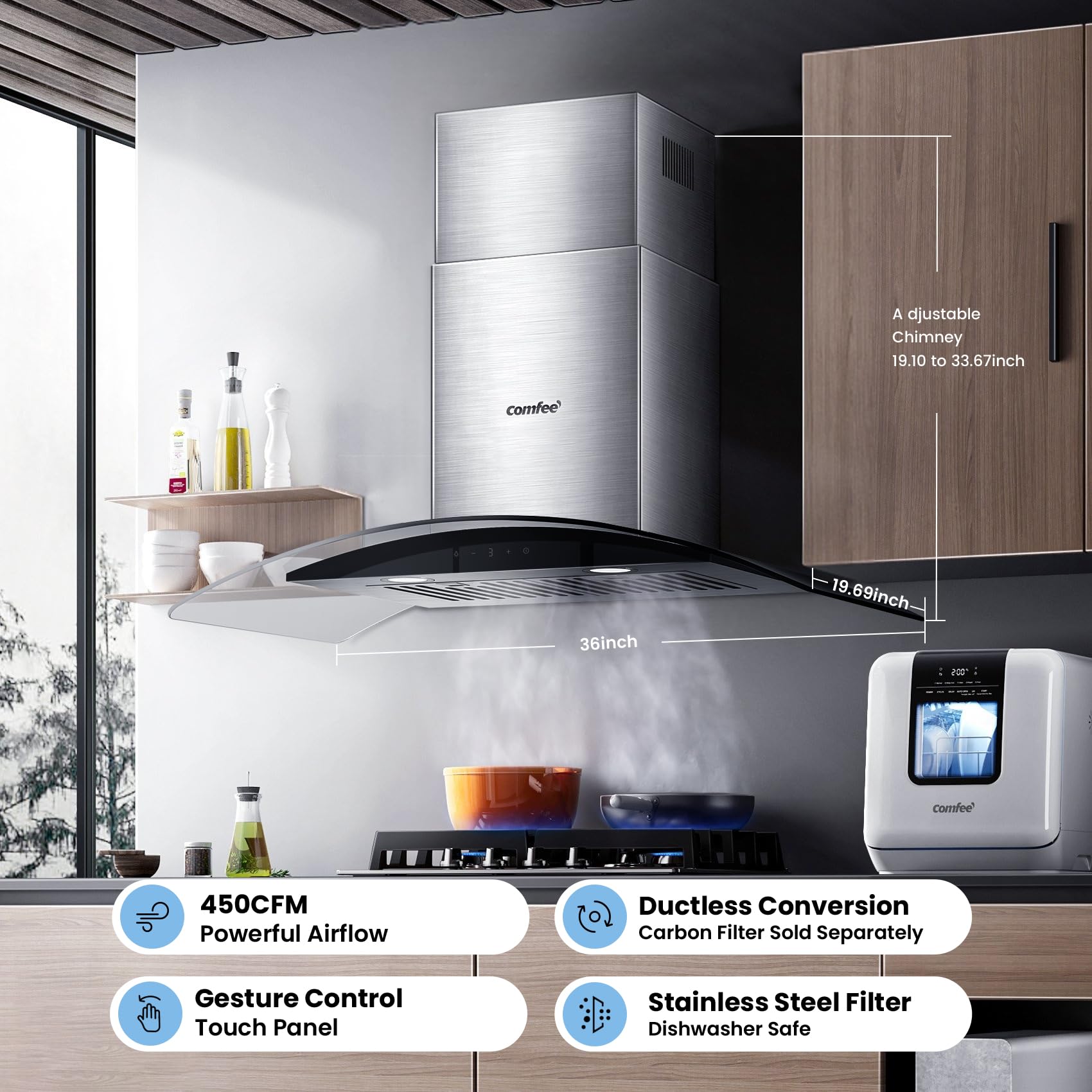 COMFEE' Curved Glass Range Hood 36 Inch 450 CFM 3 Speed Gesture Sensing &Touch Control Panel Stainless Steel Kitchen Ductless/Ducted Convertible with Baffle Filters and 2 LED Lights (CVG36W9AST)