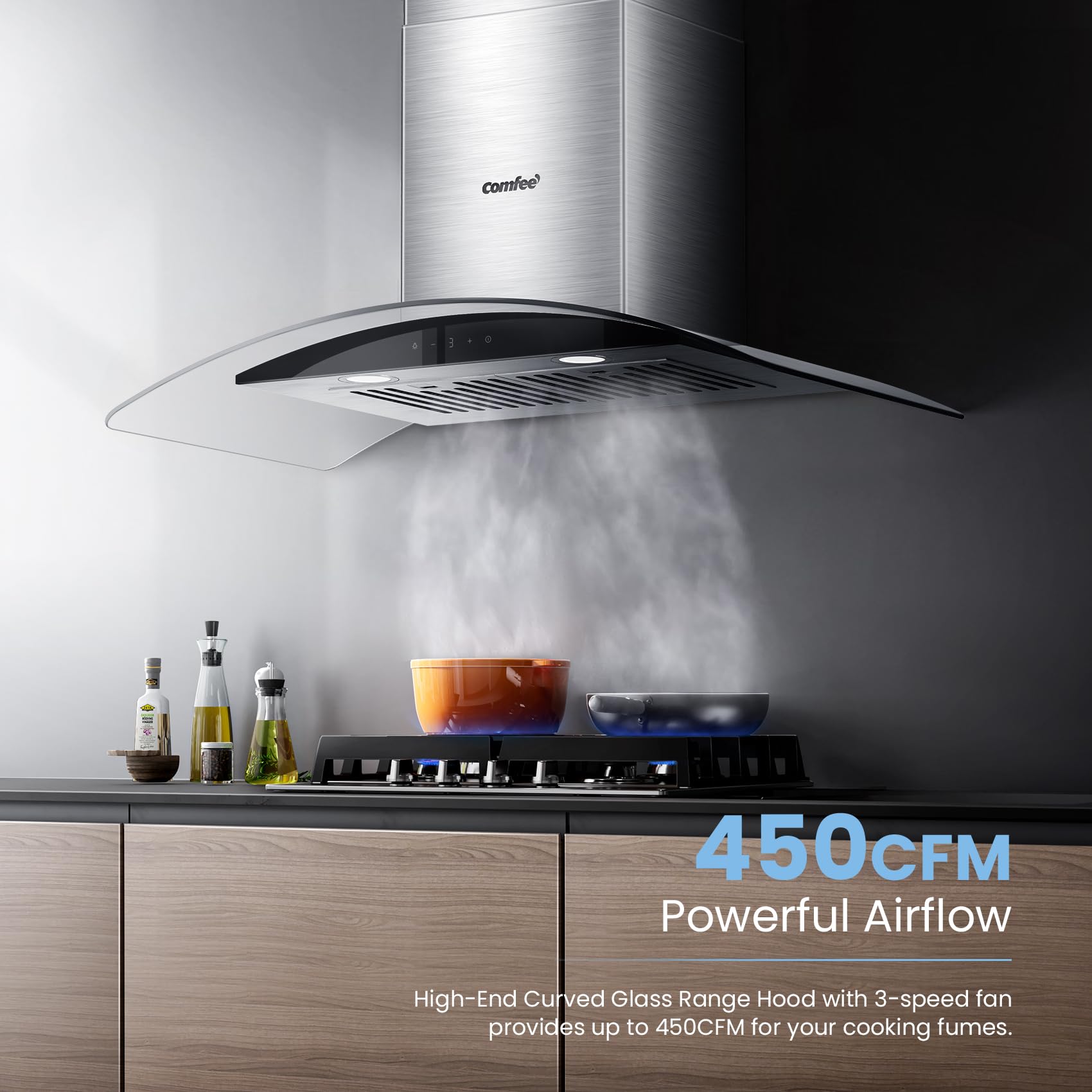 COMFEE' Curved Glass Range Hood 36 Inch 450 CFM 3 Speed Gesture Sensing &Touch Control Panel Stainless Steel Kitchen Ductless/Ducted Convertible with Baffle Filters and 2 LED Lights (CVG36W9AST)