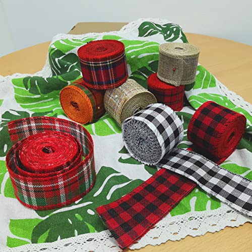 Wired Edge Buffalo Plaid Ribbon and Fabric Burlap Ribbon for DIY Craft Wrapping Christmas Decoration 6.56 Yard (2.36 inch, 8 Rolls)