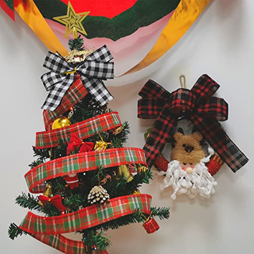 Wired Edge Buffalo Plaid Ribbon and Fabric Burlap Ribbon for DIY Craft Wrapping Christmas Decoration 6.56 Yard (2.36 inch, 8 Rolls)