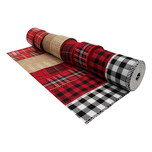 Wired Edge Buffalo Plaid Ribbon and Fabric Burlap Ribbon for DIY Craft Wrapping Christmas Decoration 6.56 Yard (2.36 inch, 8 Rolls)