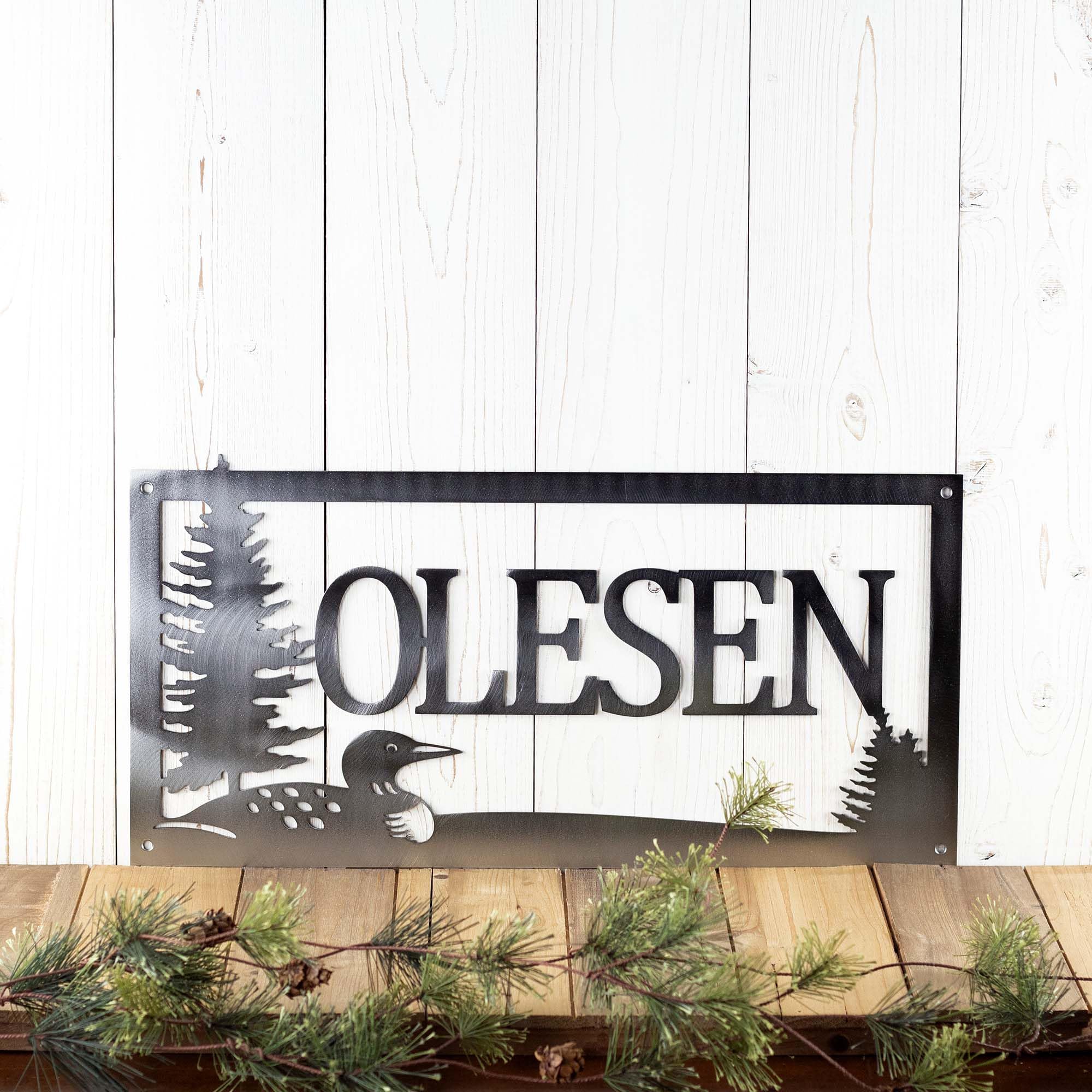 Personalized Rectangular Metal Family Name Plaque with Lake Loon and Pine Trees