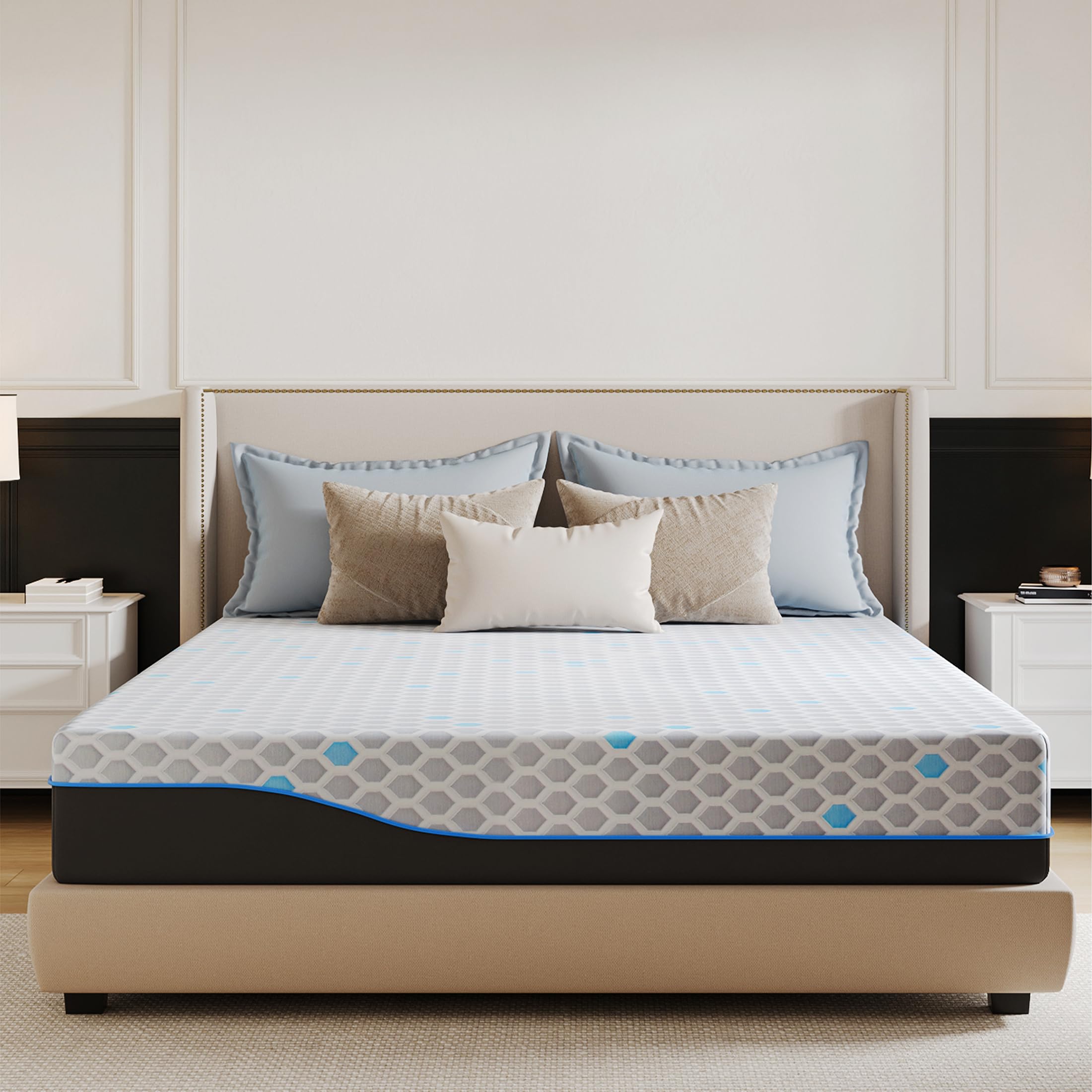 EGOHOME 10 Inch Queen Mattress, Charcoal Gel Cooling Memory Foam Mattress in a Box, Medium Fiberglass Free Mattress, CertiPUR-US Certified, Hexagonal Pattern