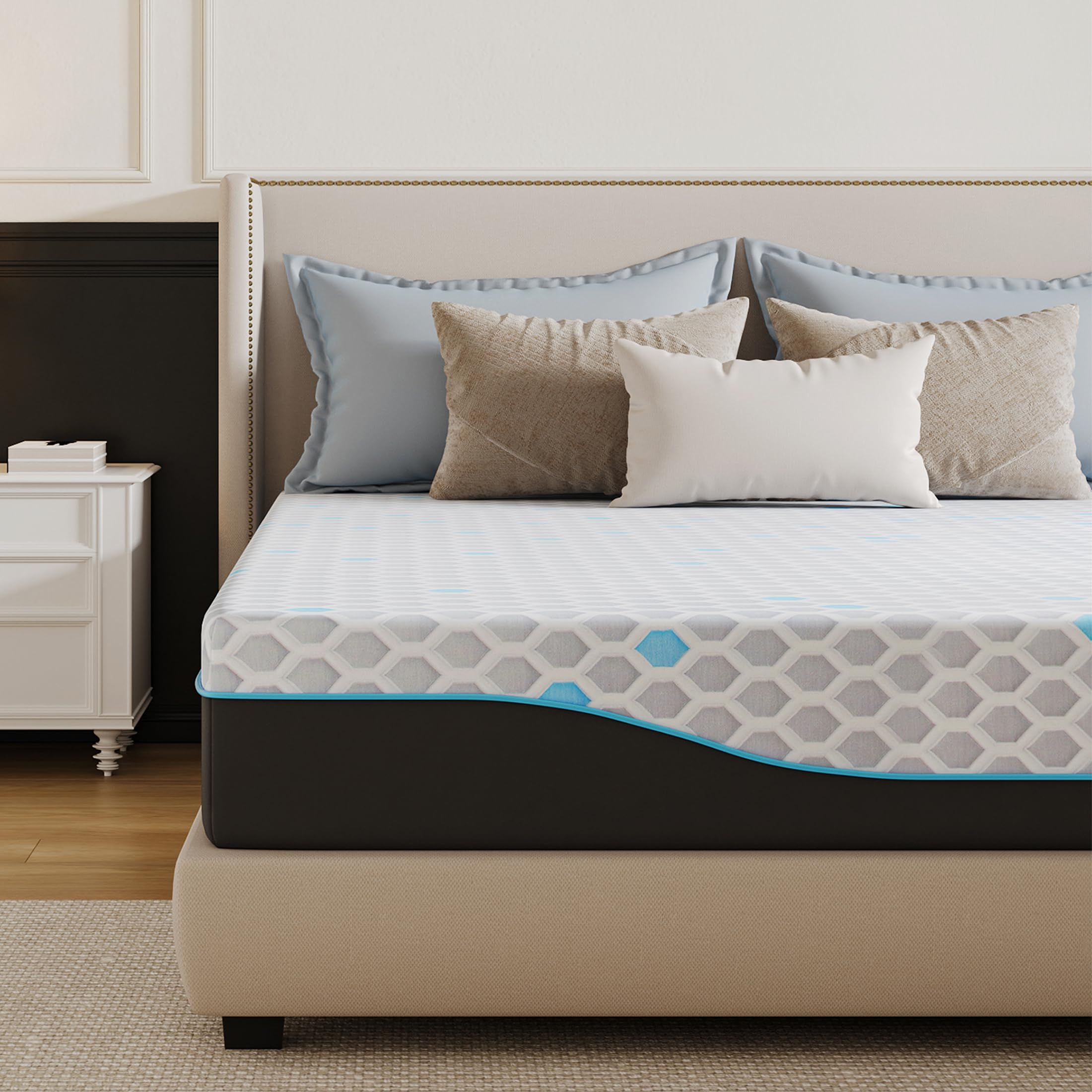 EGOHOME 10 Inch Queen Mattress, Charcoal Gel Cooling Memory Foam Mattress in a Box, Medium Fiberglass Free Mattress, CertiPUR-US Certified, Hexagonal Pattern