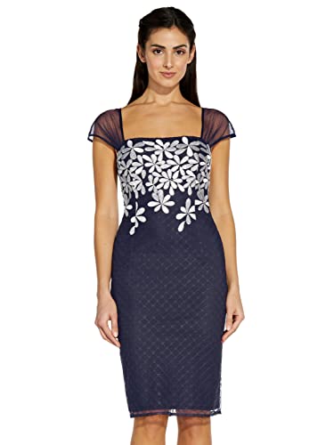 Adrianna Papell Women's Floral Embroidery Sheath Dress, Navy/Ivory, 10