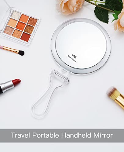 MIRORA Hand Held Mirror, Double-Sided 1X/10X Magnifying Makeup Mirror, Handheld Foldable Table and Travel Usage (Round 5inch)