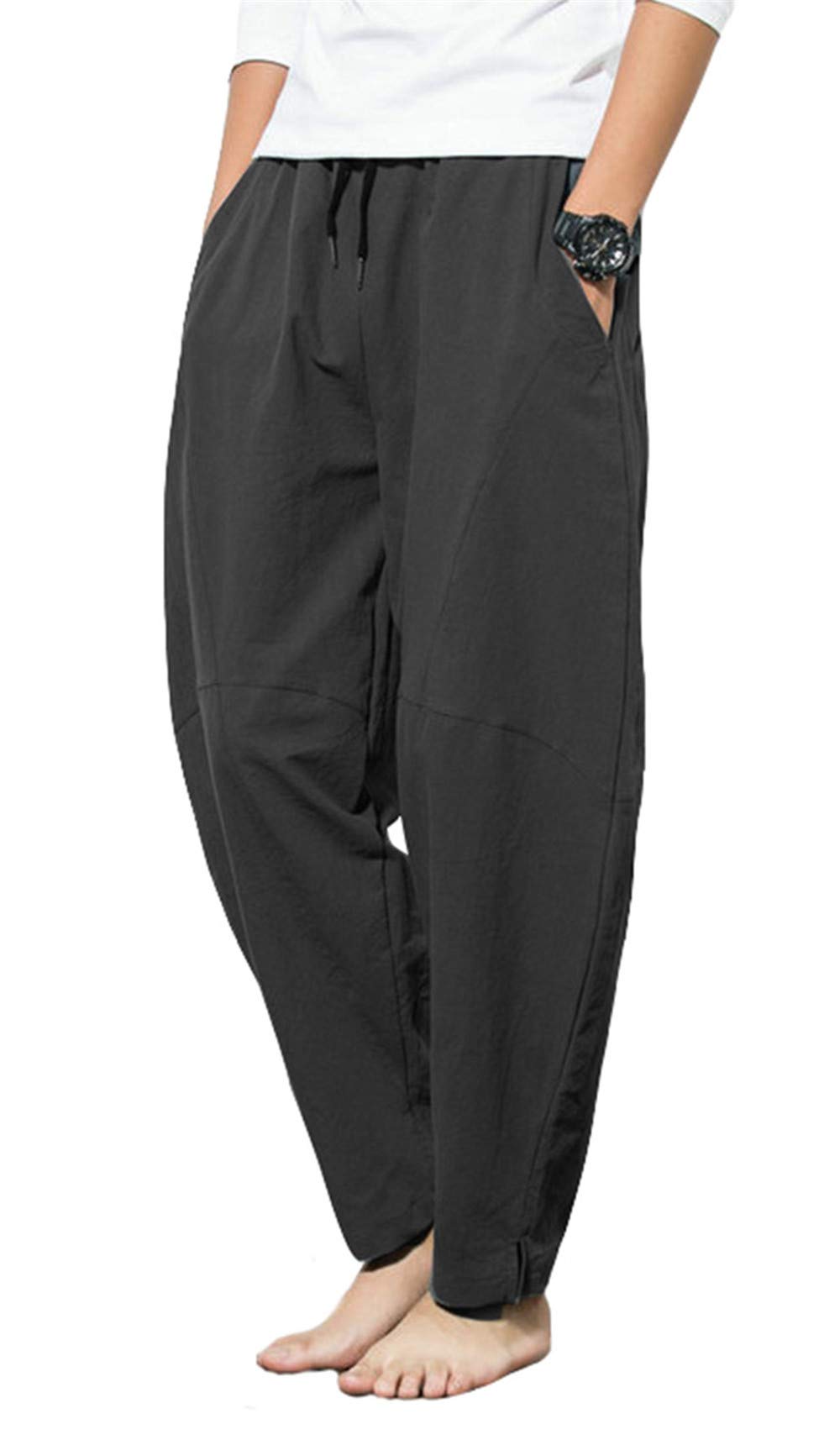 PACEIADTA Men's Cotton Linen Drawstring Pants Elastic Waist Casual Summer Beach Pants (XX-Large, Black)