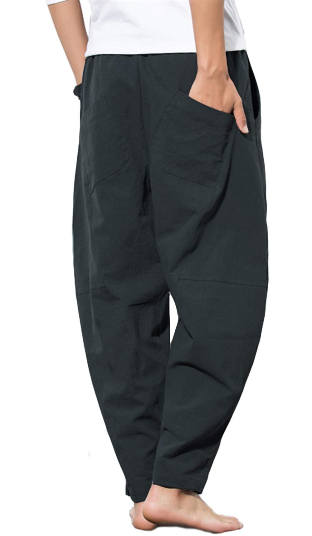 PACEIADTA Men's Cotton Linen Drawstring Pants Elastic Waist Casual Summer Beach Pants (XX-Large, Black)