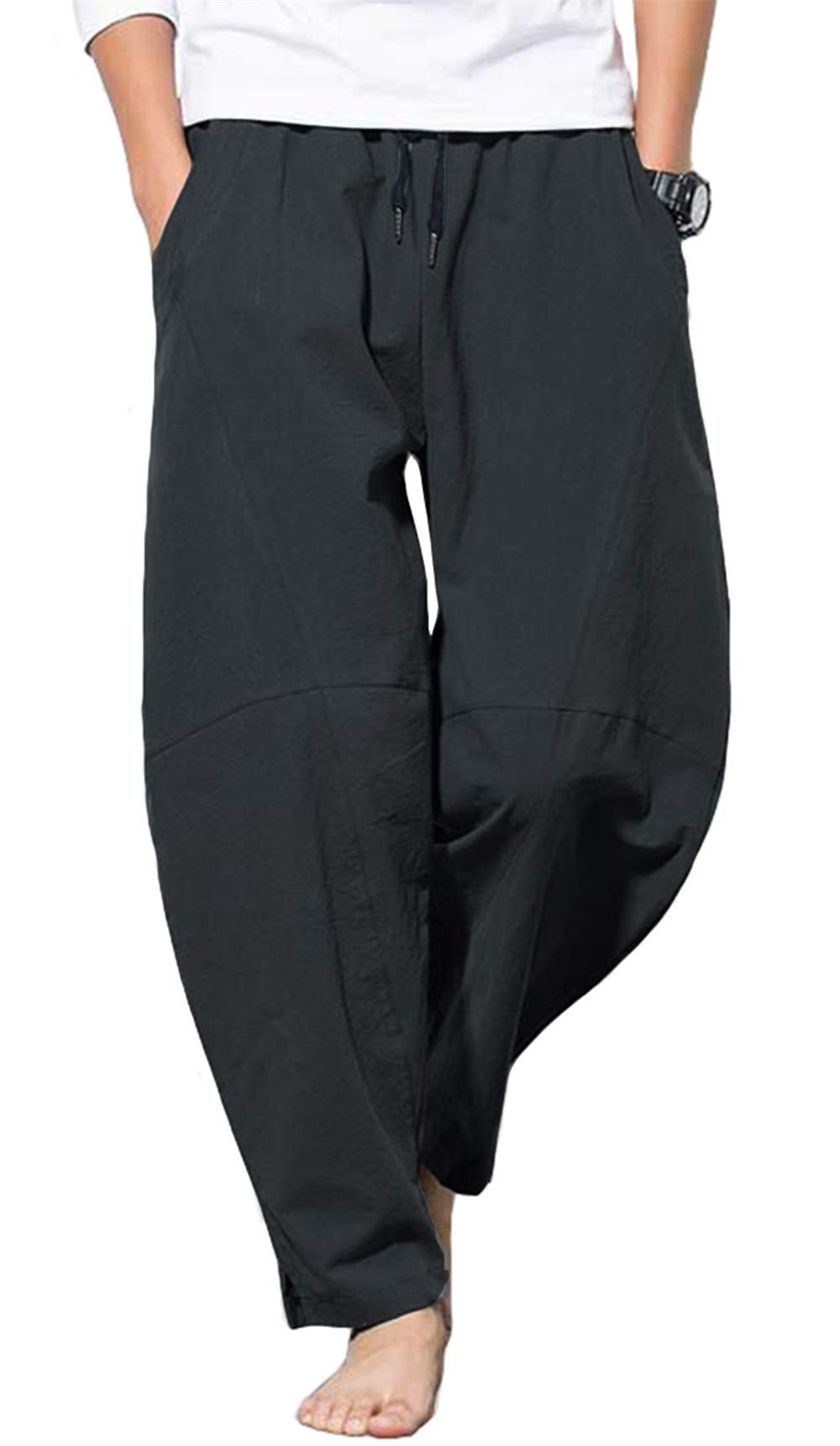 PACEIADTA Men's Cotton Linen Drawstring Pants Elastic Waist Casual Summer Beach Pants (XX-Large, Black)