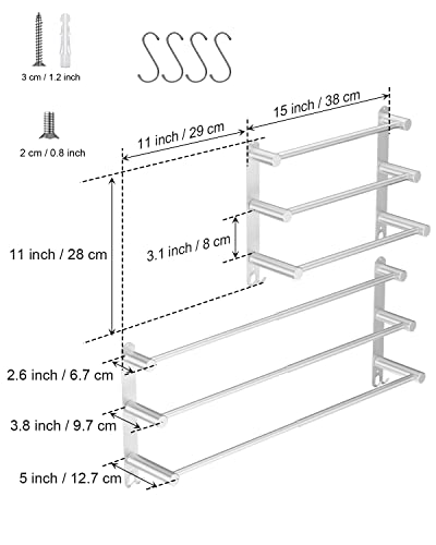 3-Tier Ladder Bath Towel Bar Strechable 16 to 27.6 Inch, ZUEXT Brushed Nickel Stainless Steel Adjustable Towel Holder Hanger, Wall Mounted Towel Rod for Bathroom Kitchen,Towel Rail Racks with Hooks