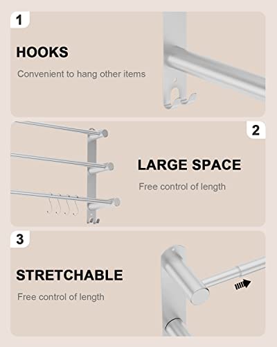 3-Tier Ladder Bath Towel Bar Strechable 16 to 27.6 Inch, ZUEXT Brushed Nickel Stainless Steel Adjustable Towel Holder Hanger, Wall Mounted Towel Rod for Bathroom Kitchen,Towel Rail Racks with Hooks