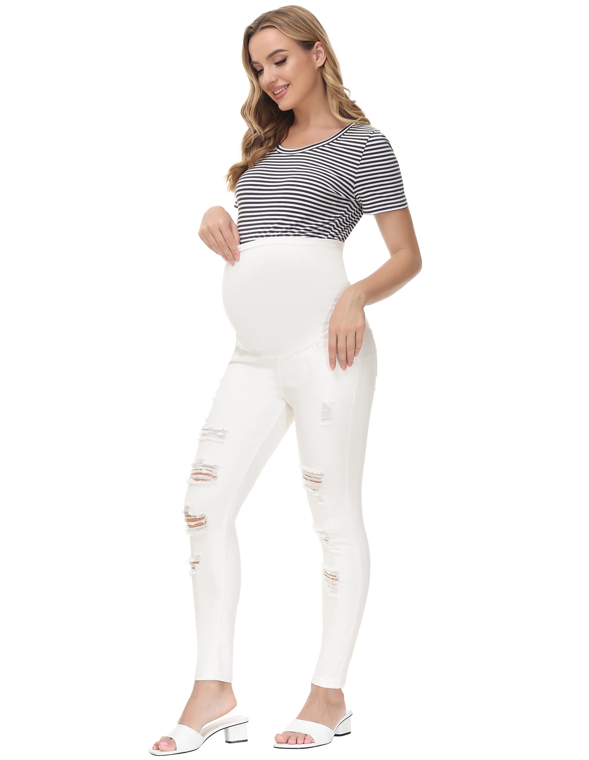 Women's Maternity Jeans Skinny Butt Lift Slim Stretch Pants Over Belly with 4 Pockets White M