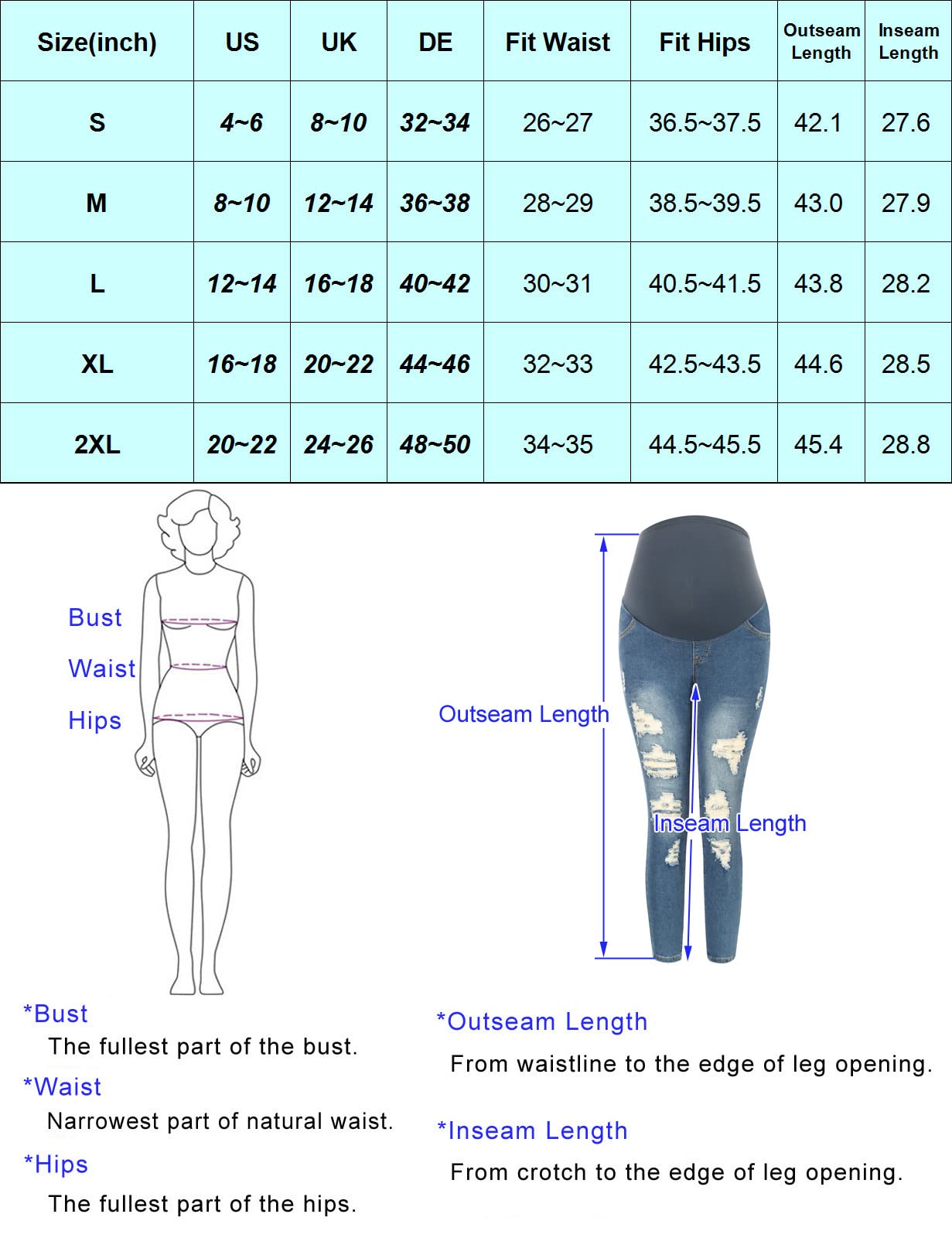 Women's Maternity Jeans Skinny Butt Lift Slim Stretch Pants Over Belly with 4 Pockets White M