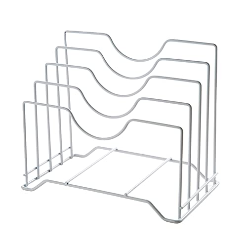oAutoSjy Kitchen Pot Lid Holder Organizer, Reusable Organizer Containers for Cutting Boards Plates Bakeware, Cabinet Countertop Storage Rack with 4 Dividers Drying Rack Desktop Book Rack, Type 1 White