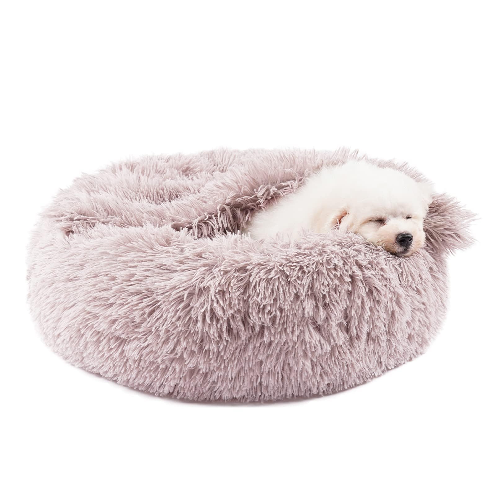 Himax Dog Beds for Small Dogs, Donut Dogs Beds with Blanket Attached, Calming Dog Bed Washable (20"/26"/35") Beige