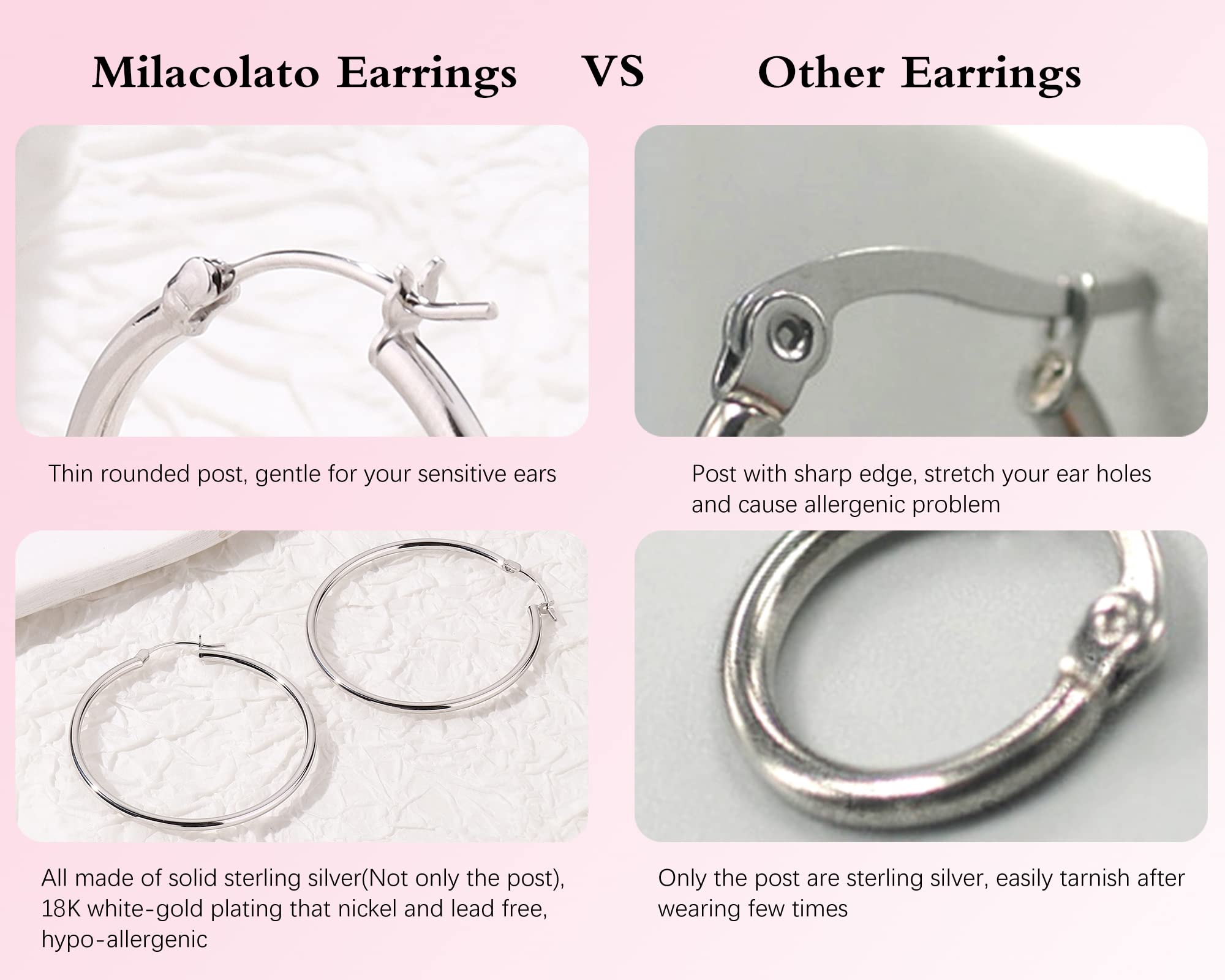 Milacolato Sterling Silver Hoop Earrings Set 2mm Thin Hoop Earrings 18K White Gold Plated Click-Top Huggie Hoops Earrings Small Medium Large Hoop Earrings for Women 13/15/20mm