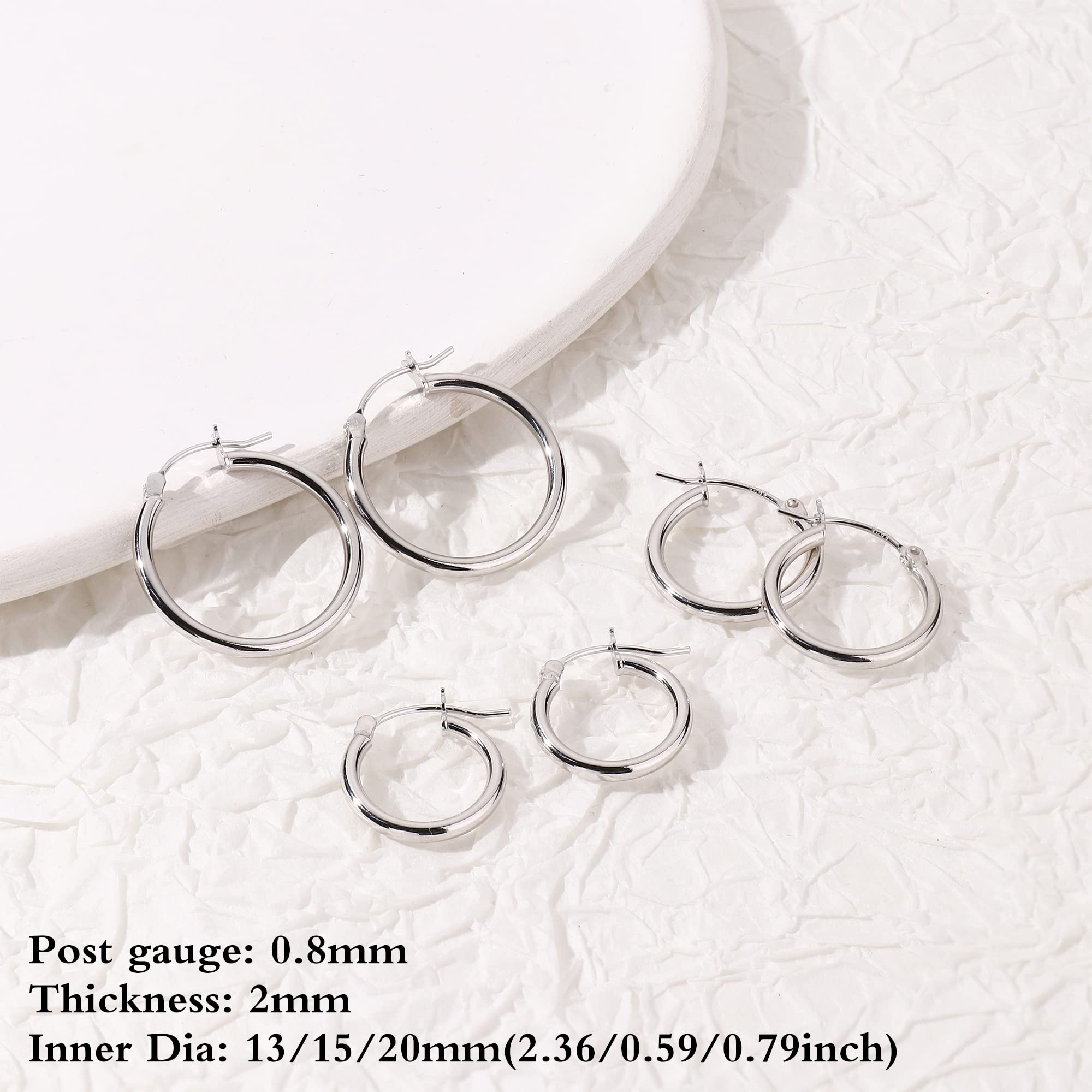 Milacolato Sterling Silver Hoop Earrings Set 2mm Thin Hoop Earrings 18K White Gold Plated Click-Top Huggie Hoops Earrings Small Medium Large Hoop Earrings for Women 13/15/20mm