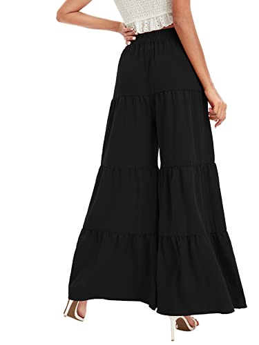 Floerns Women's Boho High Waisted Palazzo Pants Beach Ruffle Wide Leg Flowy Pants Black X-Large