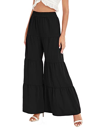 Floerns Women's Boho High Waisted Palazzo Pants Beach Ruffle Wide Leg Flowy Pants Black X-Large
