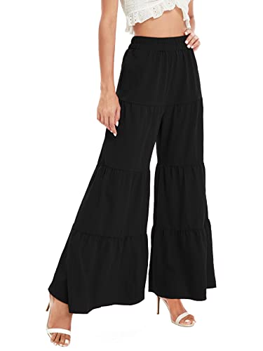 Floerns Women's Boho High Waisted Palazzo Pants Beach Ruffle Wide Leg Flowy Pants Black X-Large