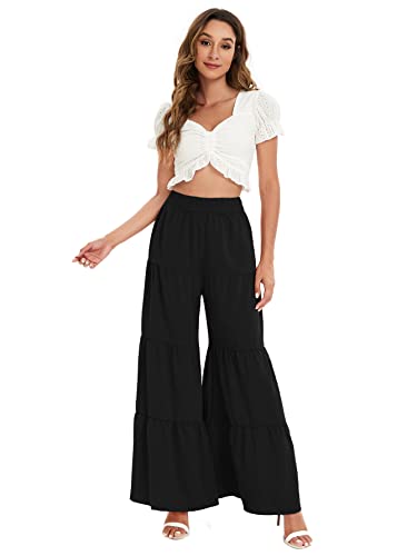 Floerns Women's Boho High Waisted Palazzo Pants Beach Ruffle Wide Leg Flowy Pants Black X-Large