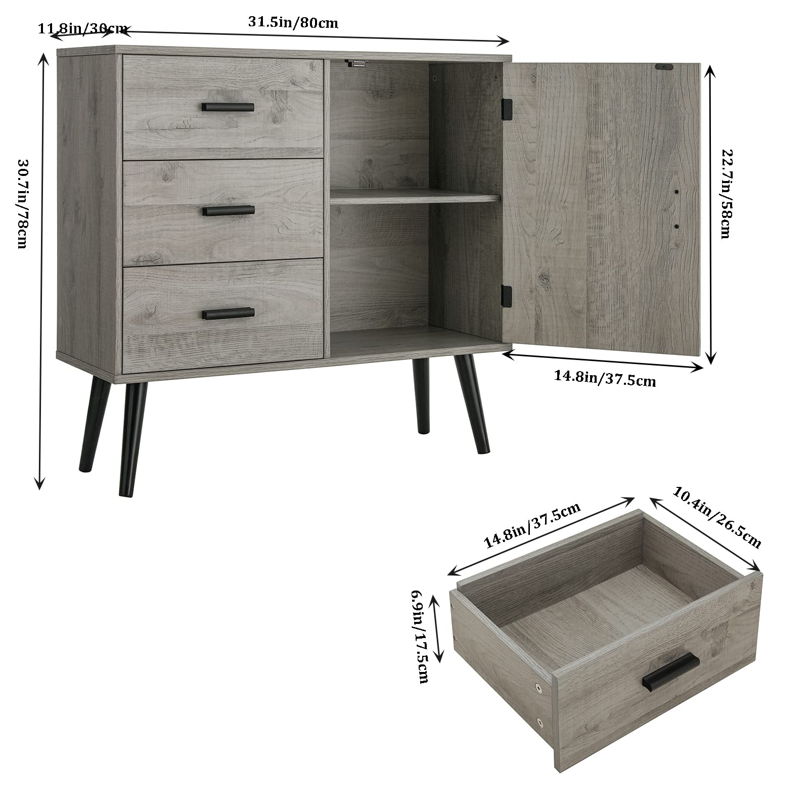 Iwell Storage Cabinet with Drawers & Shelf, Floor Storage Cabinet with Double Door, Sideboard, Cupboard for Living Room, Home Office