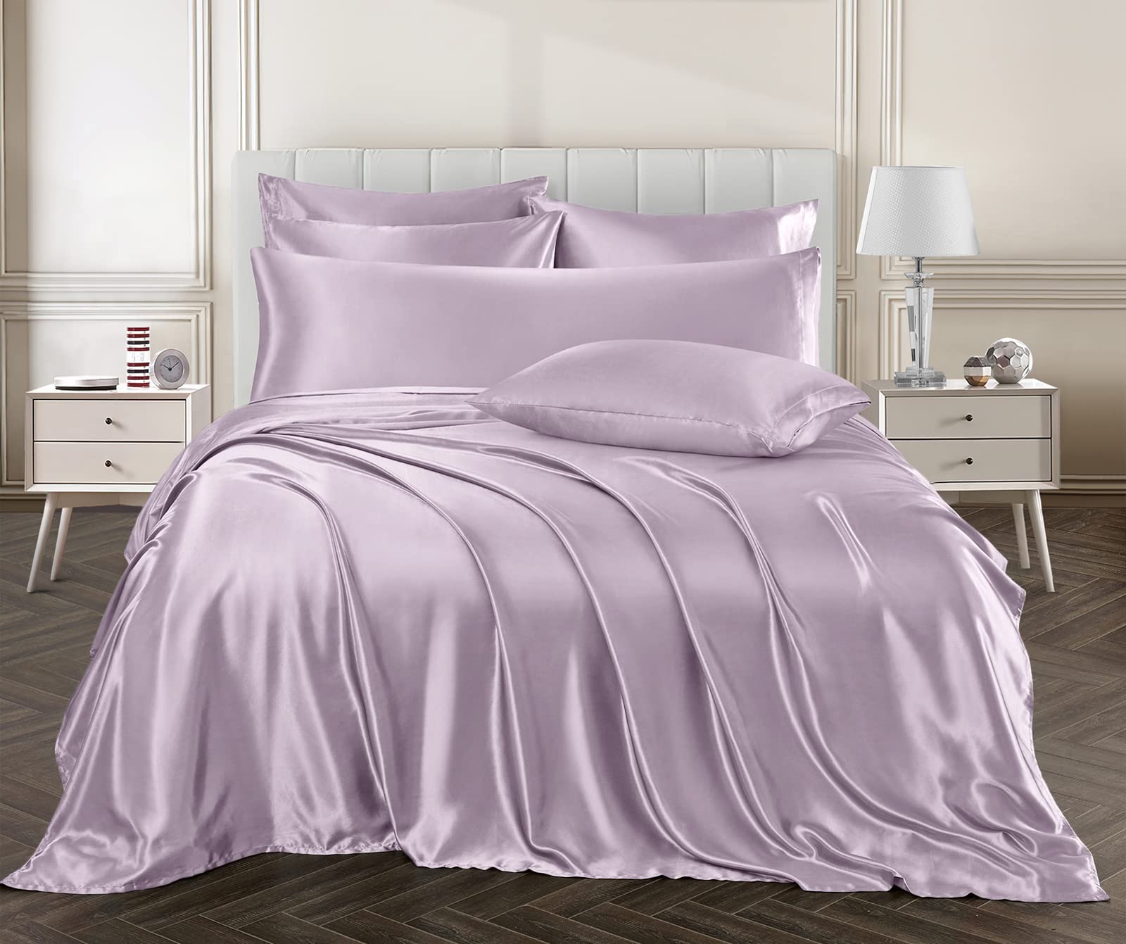 Ersmak 7 Pieces Satin Sheets Set Full Size, Luxury Silky Lavender Satin Bed Sheets Set with 1 Deep Pocket Fitted Sheet, 1 Soft Flat Sheet, 4 Queen Pillowcases and 1 Body Pillowcase