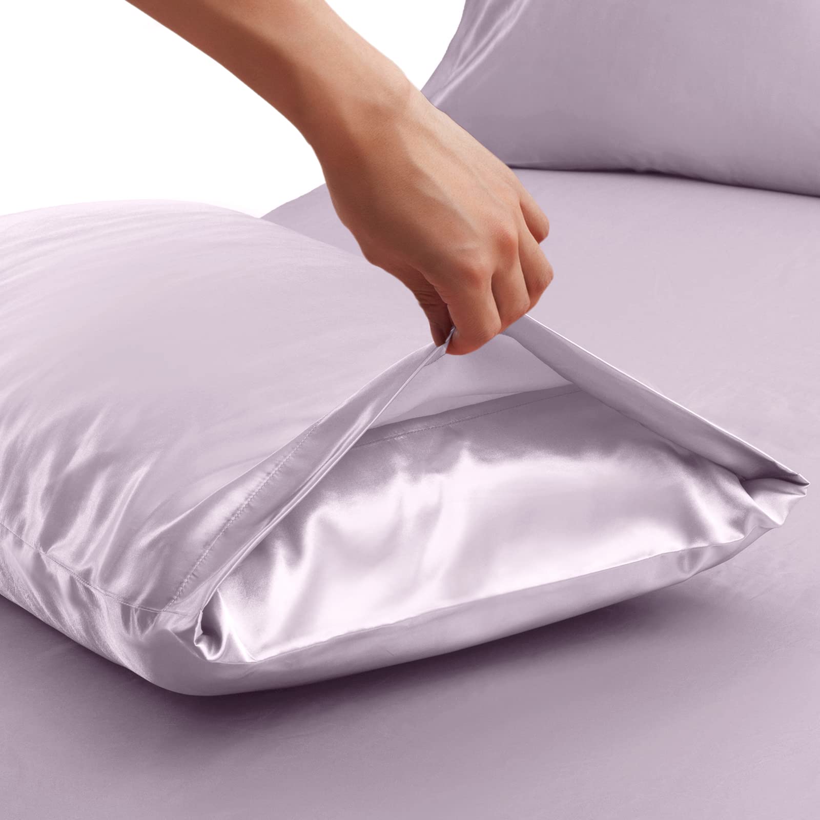 Ersmak 7 Pieces Satin Sheets Set Full Size, Luxury Silky Lavender Satin Bed Sheets Set with 1 Deep Pocket Fitted Sheet, 1 Soft Flat Sheet, 4 Queen Pillowcases and 1 Body Pillowcase