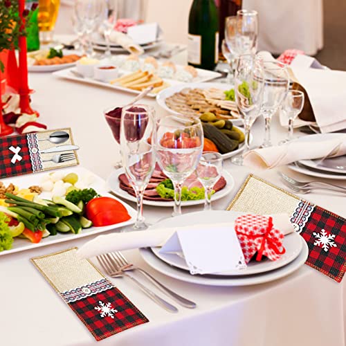 Christmas Burlap Cutlery Holders Pouch Bags with Lace Utensil , Knifes Forks Napkin Utensil Silverware Holders Buffalo Check Plaid Xmas Tableware Decor Set for Christmas Wedding Party 8 Packs