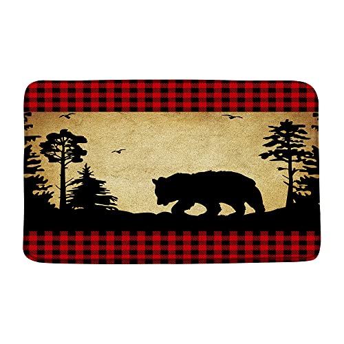 Black Bear Plaid Bath Mat Rustic Cabin Red Black Buffalo Check Wild Animal Forest Silhouettes Camping Country Vintage Farmhouse Bathroom Mat Rug Memory Foam Carpet Doormat(18x30 Inch)